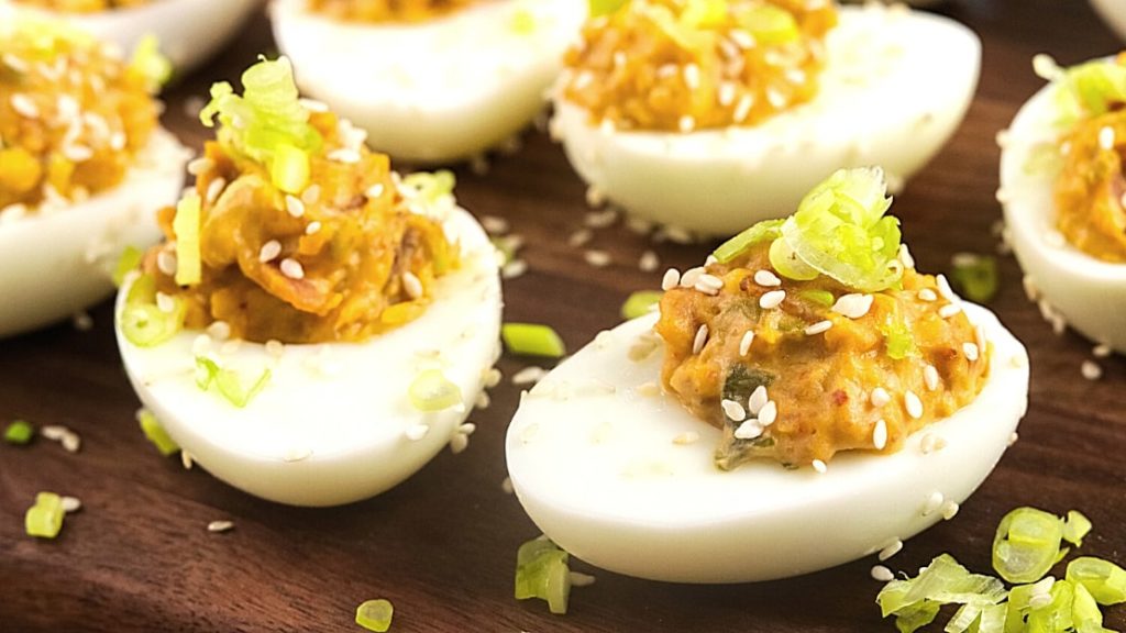 Bacon and Kimchi Deviled Eggs - DANNY'S DELIGHT