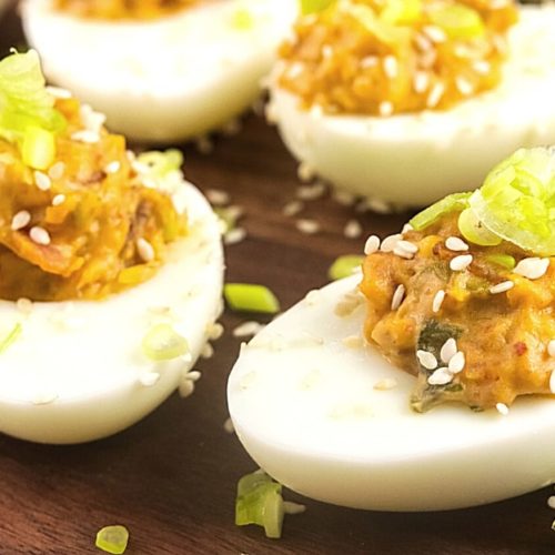Bacon and Kimchi Deviled Eggs - Danny's Delight